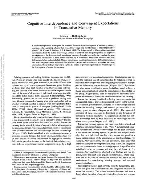 Cognitive Interdependence And Convergent Expectations In Transactive Memory