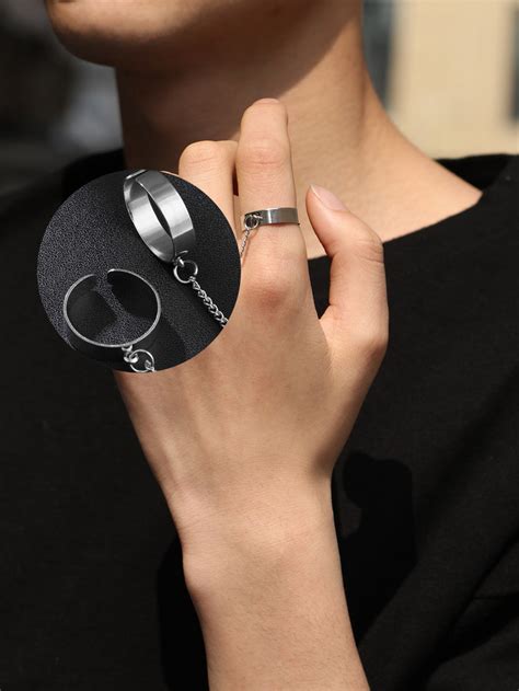 Badu Bg Популярни сребърни пръстени с пискюли с верига Широки пръстени за жени Мъже Пънк пръстен