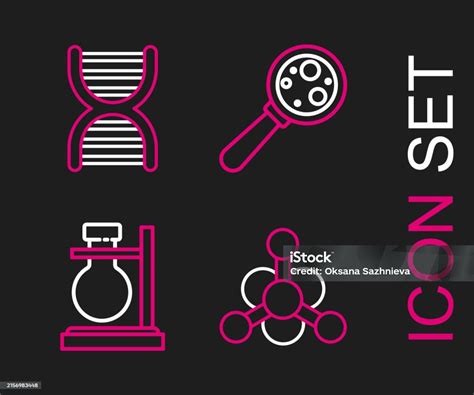 Set Line Bacteria Test Tube Flask On Stand Microorganisms Under Magnifier And Dna Symbol Icon