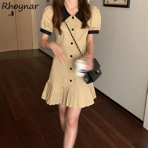 여성용 퍼프 소매 힙스터 드레스 최신 패치워크 한국 버전 대학생 컴포트 부드럽고 우아한 기본 십대 레트로 패션 여름