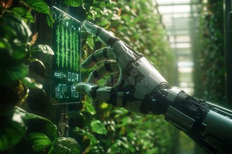 Robotic Arm Manipulating Futuristic Agricultural Holographic Interfaces In Vertical Farm Stock