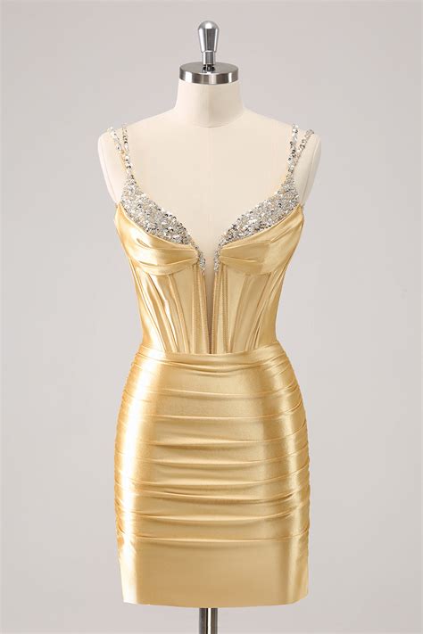 Zapaka Women Golden Homecoming Dress With Sequins Spaghetti Straps