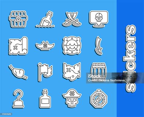 나침반 나무 통 해적 검 교차 해적 검 모자 보물지도 골동품 상자 및 바다 풍경 아이콘이있는 선박 현창을 설정하십시오 벡터 걸이 장비에 대한 스톡 벡터 아트 및 기타 이미지