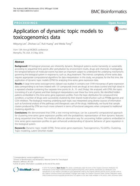 Pdf Application Of Dynamic Topic Models To Toxicogenomics Data