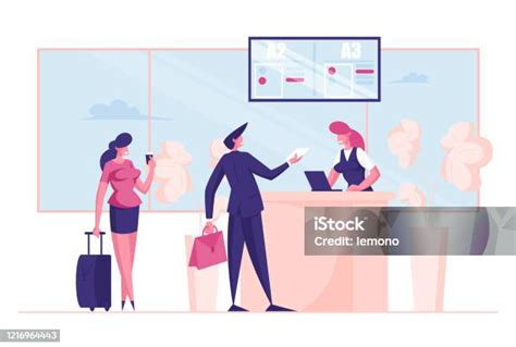 수하물이 있는 승객 캐릭터는 대기열에 서 있으며 공항에서 항공편 등록을 위한 서류를 준비합니다 친절한 직원 출발 정보와 함께 탑승을 체크인하십시오 만화 사람 벡터 일러스트