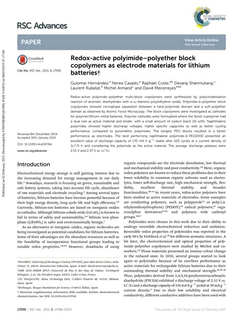 Pdf Redox Active Polyimide Polyether Block Copolymers As Electrode