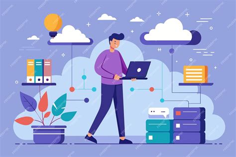 Premium Vector A Man Standing In Front Of A Laptop Syncing Cloud Data With Stacks Of Books