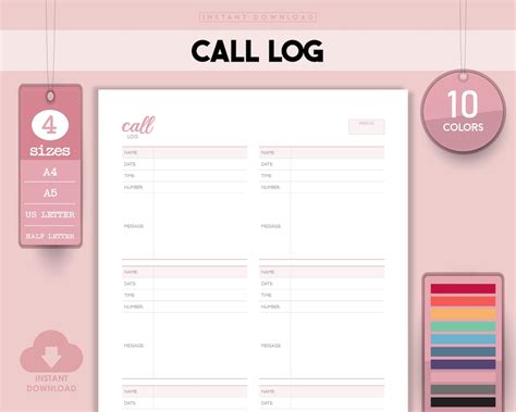 Phone Call Log Missed Call Log Printable Call Log Fillable Template