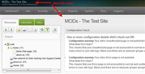 how to set the site name in modx web hosting hub