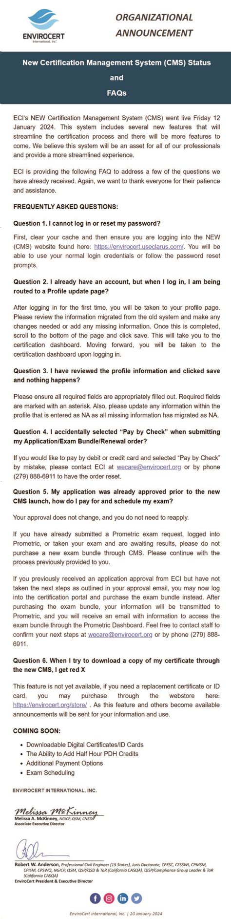 New Certification Management System Cms Status And Faqs Envirocert