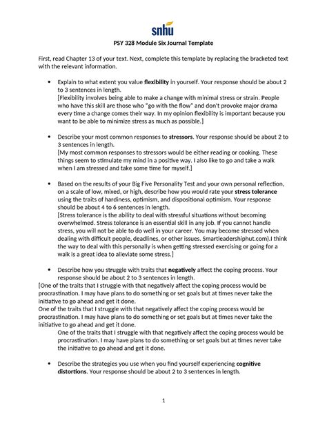 PSY 328 Module Six Journal HW Next Complete This Template By Replacing The Bracketed Text