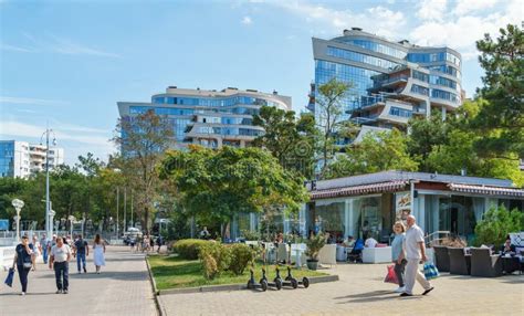 Embankment Of Gelendzhik With People Resort Town With New Beautiful