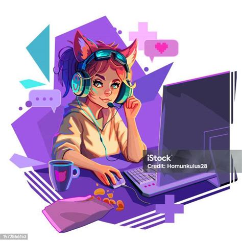 Ragazza Gamer O Streamer Con Auricolare Orecchie Di Gatto Siede A Un Computer Immagini