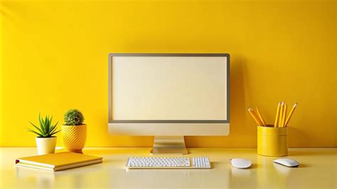 Desktop Mockup Template Computer On Yellow Work Desk With Blank Screen
