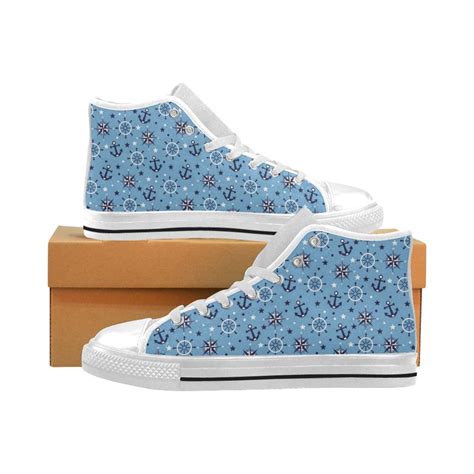 Anchors Rudder Compass Star Nautical Pattern Mens High Top Shoes White