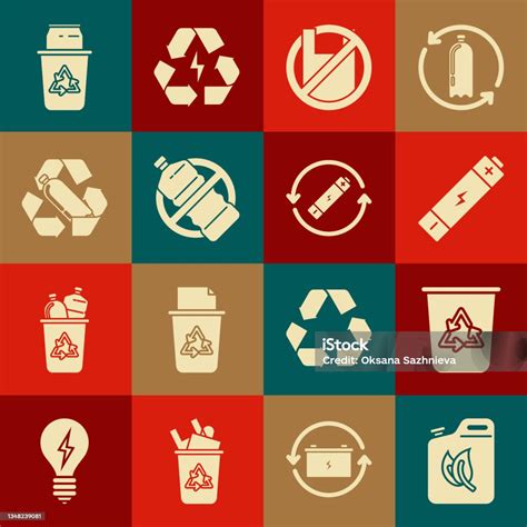 바이오 연료 통을 설정하고 재활용 기호가있는 휴지통 배터리 비닐 봉지 포스터 병 재활용 및 라인 아이콘에 대해 말하지 않습니다 벡터 0명에 대한 스톡 벡터 아트 및 기타