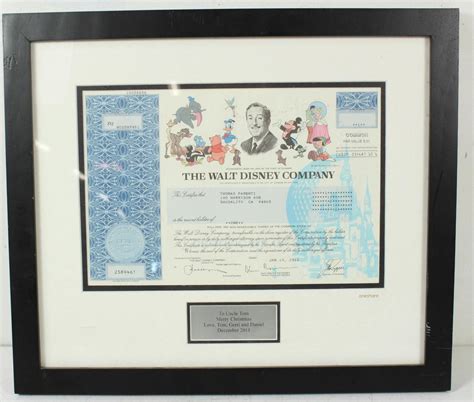 Rare Walt Disney Company Stock Certificate 1 Share Framed 2012