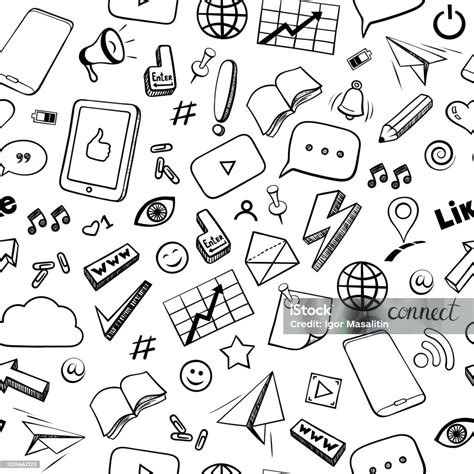 소셜 미디어 원활한 패턴 인터넷 메신저 배경 소셜 미디어 인터넷 기술 컴퓨터 전송 아이콘 및 기호를 완벽하게 주제로 손으로 그린 낙서 만화 그리기에 대한 스톡 벡터 아트 및