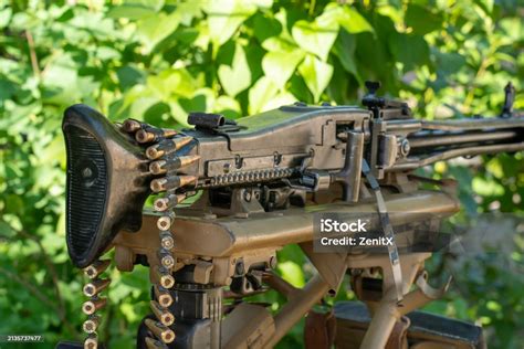 Second World War German Mg 42 Machine Gun With Ammunition Belt Mounted