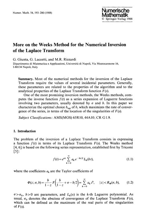 Pdf More On The Weeks Method For The Numerical Inversion Of The