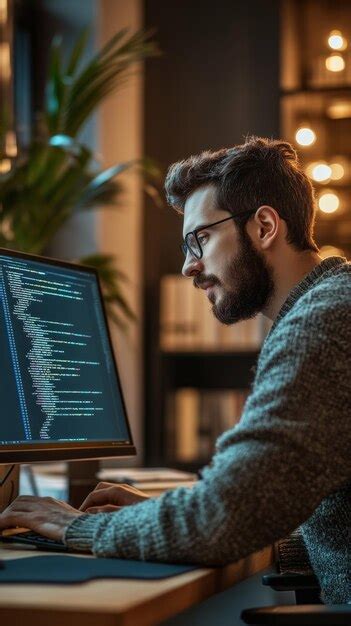 Young software developer typing code on desktop computer in a cozy home ...