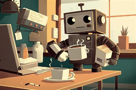Office With Cute Robot Assistant Sorting And Filing Paperwork Stock Illustration Illustration