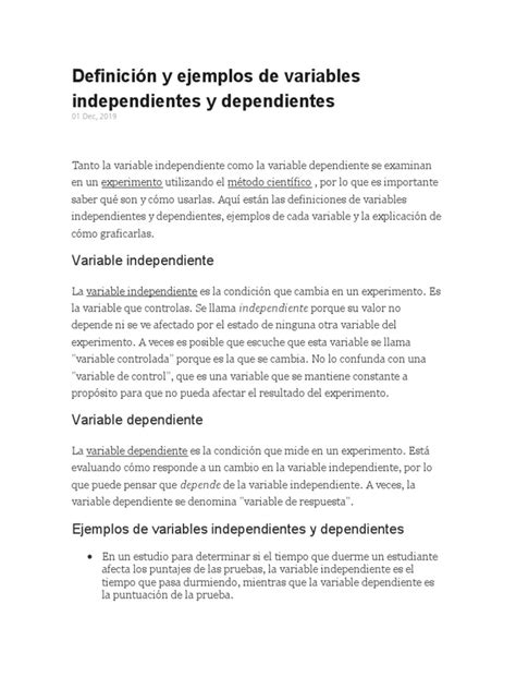 Definición Y Ejemplos De Variables Independientes Y Dependientes Pdf Experimentar