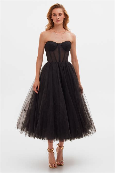 Milla Black Strapless Puffy Midi Tulle Dress Coveti
