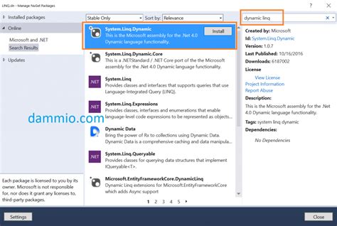 Dynamic Linq Install DAMMIO