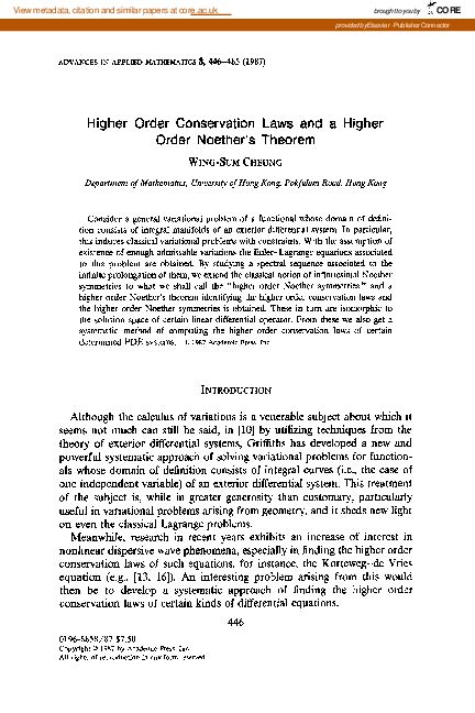 Pdf Higher Order Conservation Laws And A Higher Order Noethers Theorem