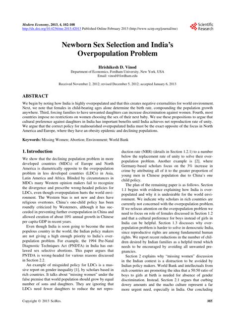 Pdf Newborn Sex Selection And Indias Overpopulation Problem