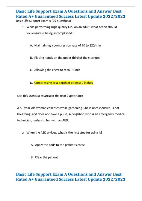 Basic Life Support Exam A Questions And Answer Best Rated A Guaranteed