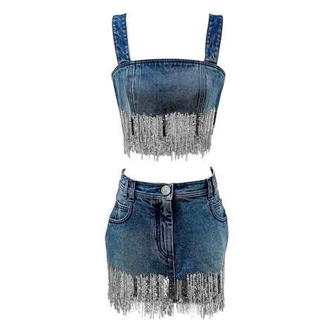 Balmain Denim Silver Sequin Fringe Mini Skirt Set Resort2020 For Sale