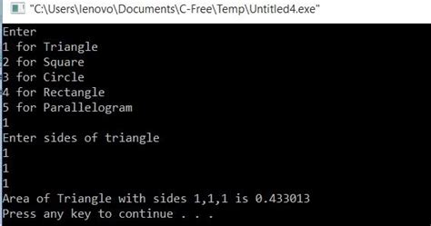all c programs program 169 to print areas of triangle square circle