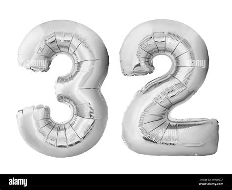 Number 32 thirty two made of silver inflatable balloons isolated on ...