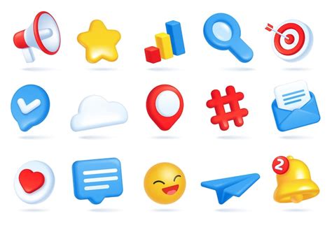 3d 소셜 미디어 아이콘 디지털 마케팅 및 광고 아이콘 심장 같은 확성기 이모티콘 벨 알림 채팅 거품 기호 벡터 세트 돋보기 편지 봉투 프리미엄 벡터