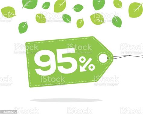 화살표 퍼센트 아이콘으로 디자인 된 95 텍스트와 잎과 그림자와 흰색 배경에 스티치녹색 가격 태그 라벨 봄 과 여름 판매 캠페인에 대 한 가격에 대한 스톡 벡터 아트 및