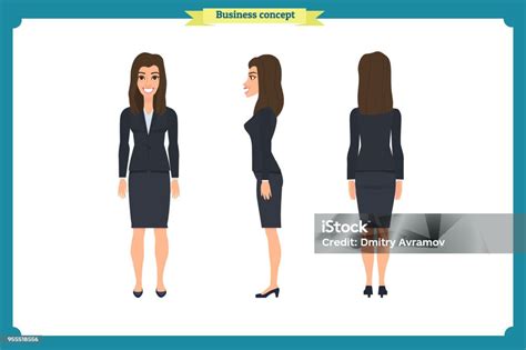 사업가 캐릭터 디자인의 설정 전면 측면 다시입니다 비즈니스 여자 여자입니다 만화 스타일 평면 벡터 고립 귀여운에 대한 스톡 벡터 아트 및 기타 이미지 Istock