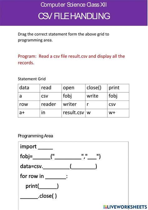 Csv File Reading Worksheet Live Worksheets