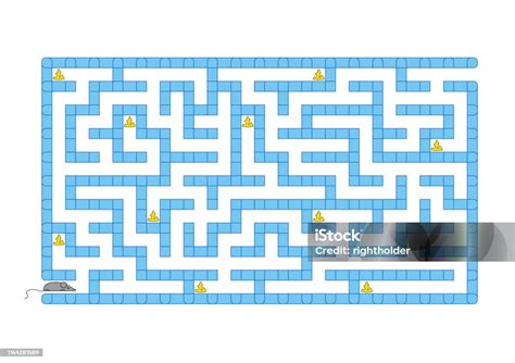착색 된 직사각형 미로 모든 치즈를 수집하는 마우스를 도와주세요 아이들을위한 게임 아이들을위한 퍼즐 미로 수수께끼 흰색 배경에 격리된 플랫 벡터 그림입니다 0명에 대한 스톡