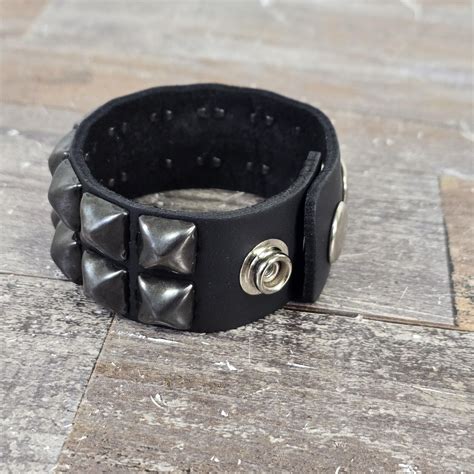 Black Leather Studded Bracelet Punk Goth Pyramid Cuff Etsy