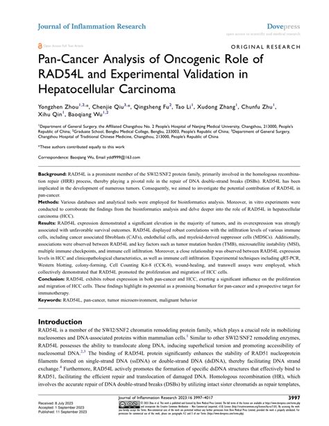 Pdf Pan Cancer Analysis Of Oncogenic Role Of Rad54l And Experimental Validation In
