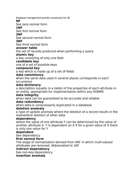 Database Management Practice Vocabulary List 18 Y Is Dependent On X If For A Given Value Of X