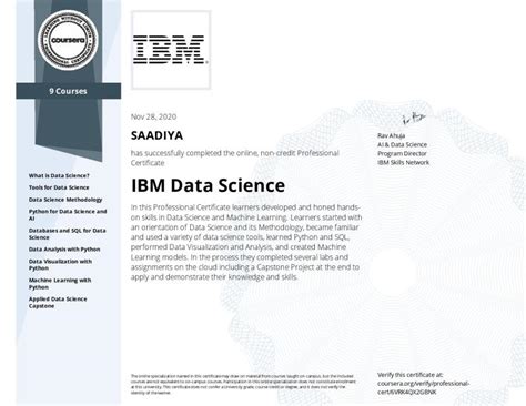 Glad To Share The Completion Certificate Of Ibm Data Science Professional Saadiya S