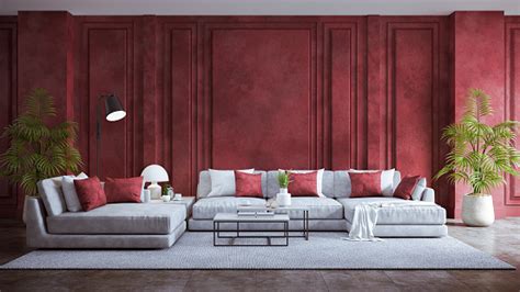 현대 빈티지 거실 인테리어 빨간 그런 지 벽과 콘크리트 바닥 회색 소파 3d 렌더링 0명에 대한 스톡 사진 및 기타 이미지 0명 가구 가정의 방 Istock