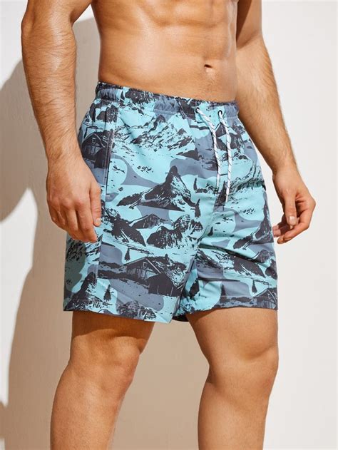 Men Graphic Print Drawstring Waist Swim Trunks In 2024 Mens Swimwear