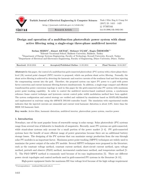 Pdf Design And Operation Of Multi Function Photovoltaic Power System With Shunt Active