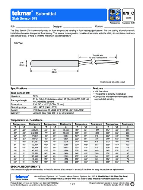 Fillable Online Tekmar 079 Slab Sensor For Radiant Floor Heat Fax Email