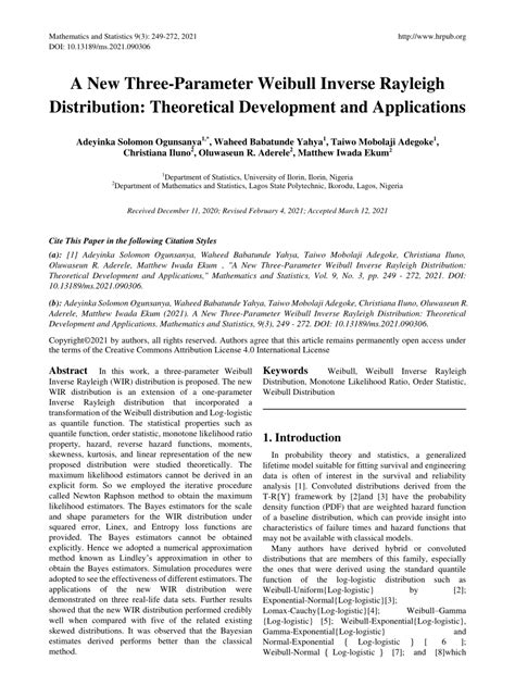 Pdf A New Three Parameter Weibull Inverse Rayleigh Distribution