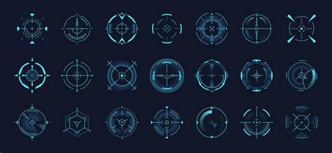 Hud 대상 포인터 레이저 십자형 콜리메이터 시력 광학 조준 측정 스나이퍼 총 조준 커서 제어 마크 군사 태그 미래 기술 현란한 벡터 프리미엄 벡터